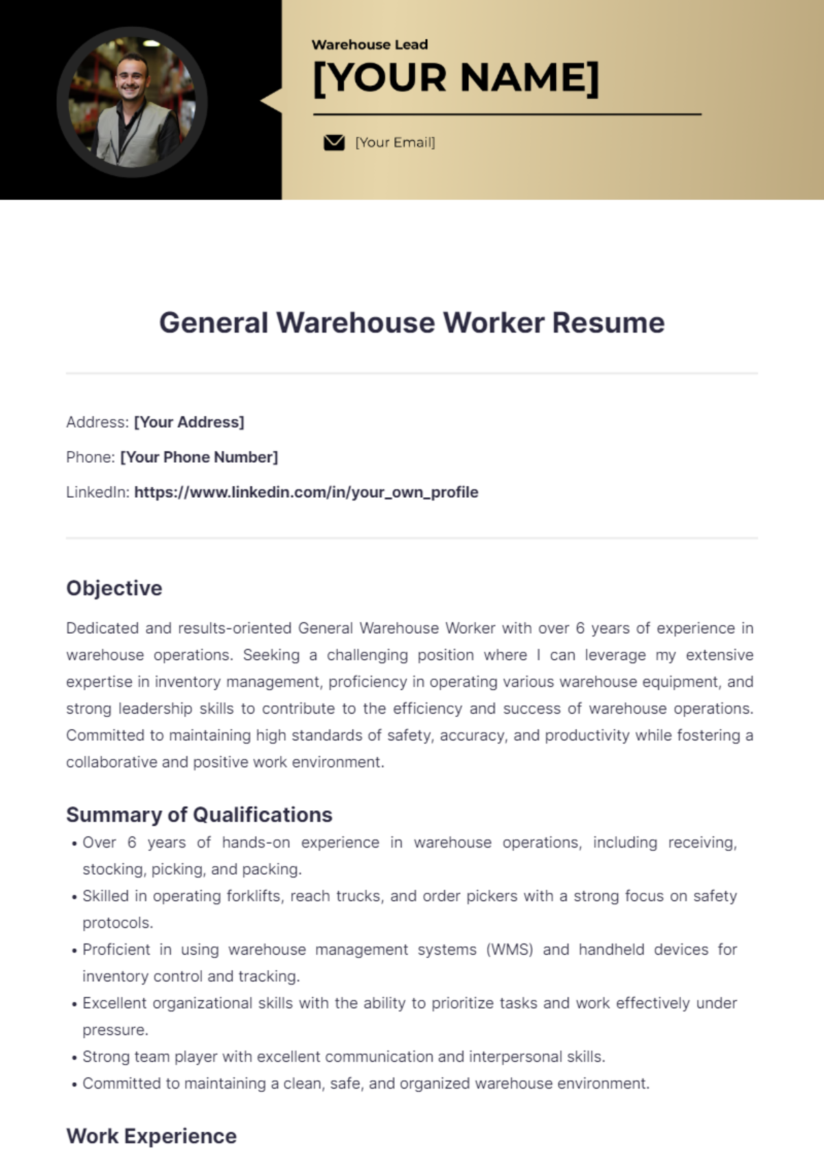 General Warehouse Worker Resume - Edit Online & Download Example ...