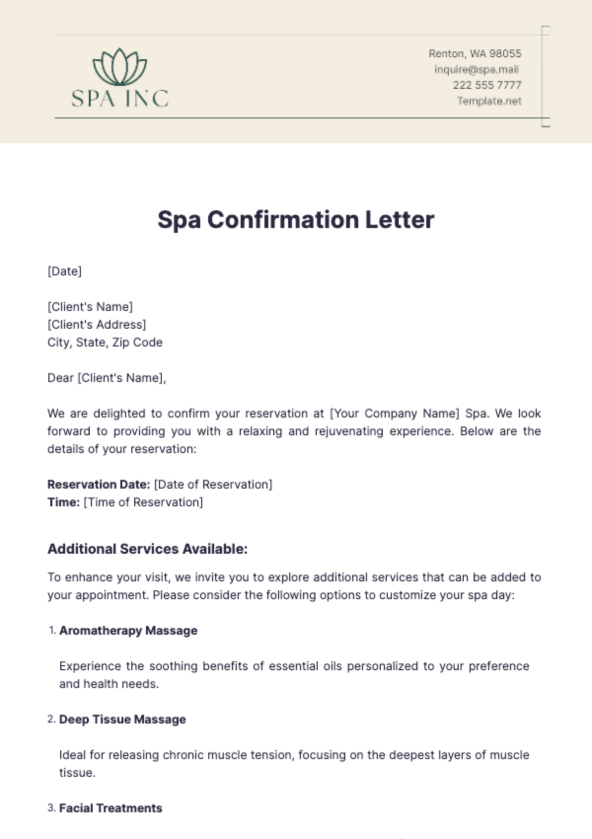 Spa Confirmation Letter Template - Edit Online & Download Example ...