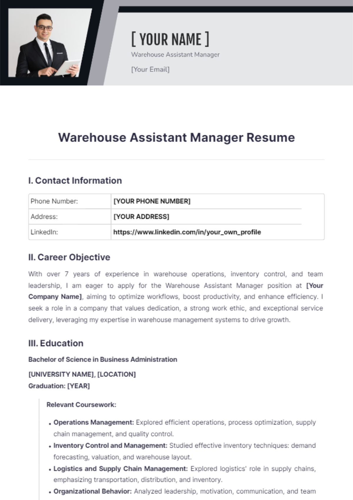 Warehouse Assistant Manager Resume - Edit Online & Download Example ...
