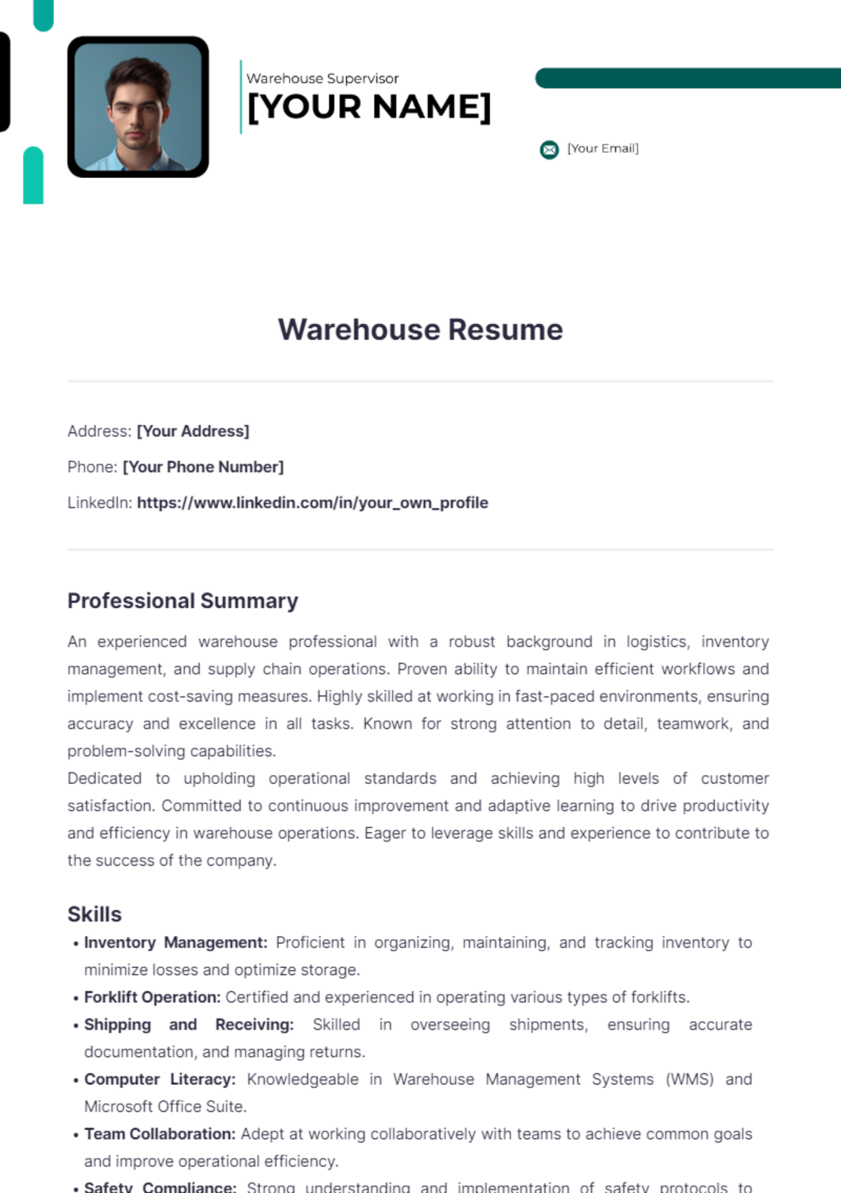 Warehouse Resume - Edit Online & Download Example | Template.net