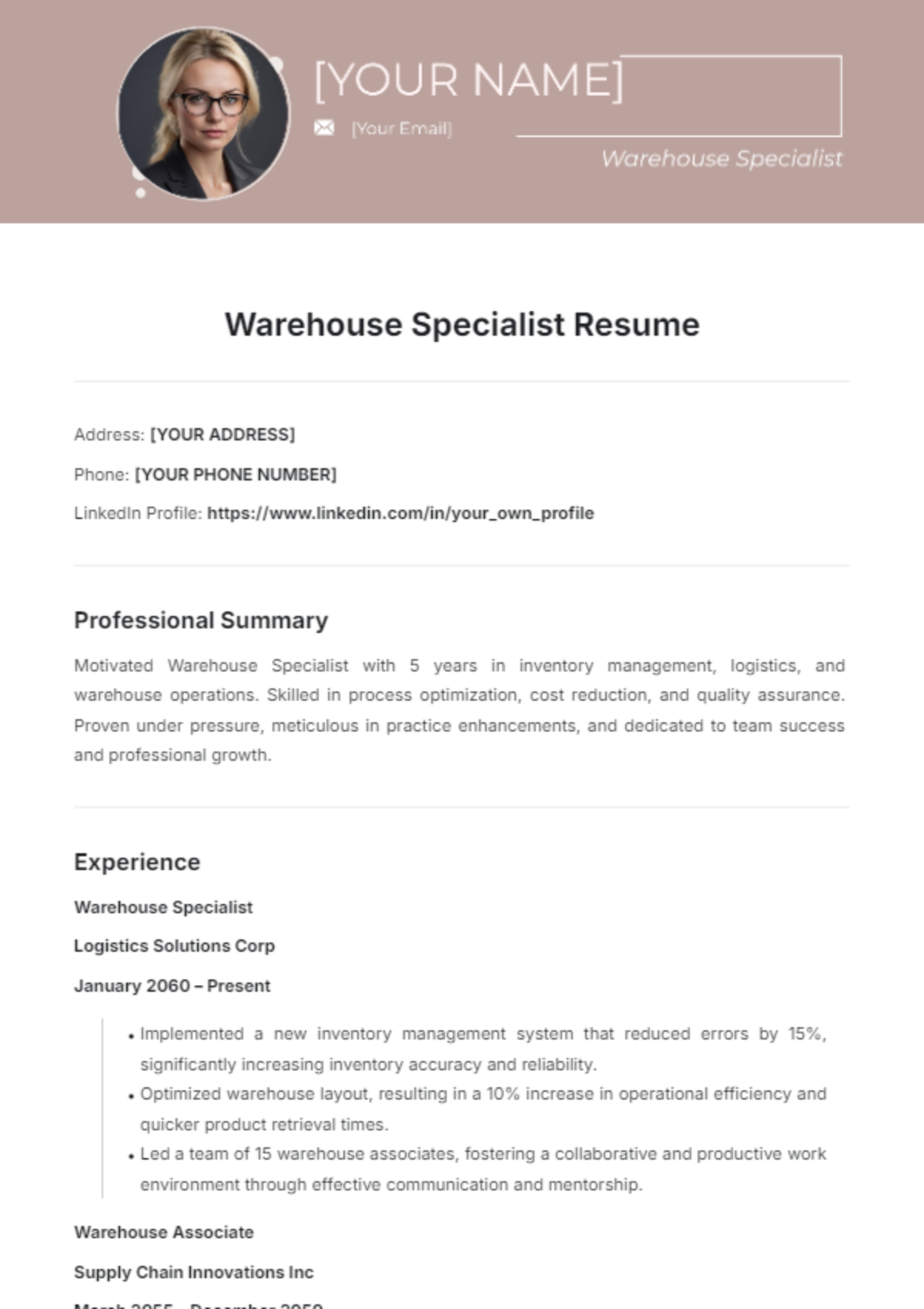 Free Warehouse Specialist Resume Template - Edit Online & Download | Template.net