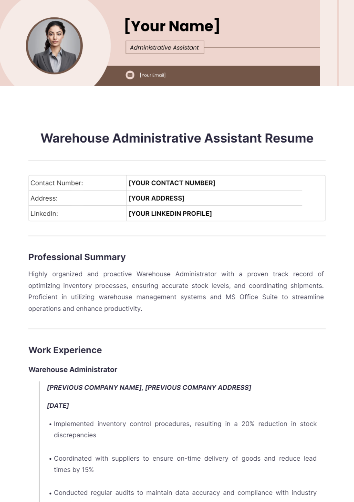 Warehouse Administrative Assistant Resume - Edit Online & Download ...