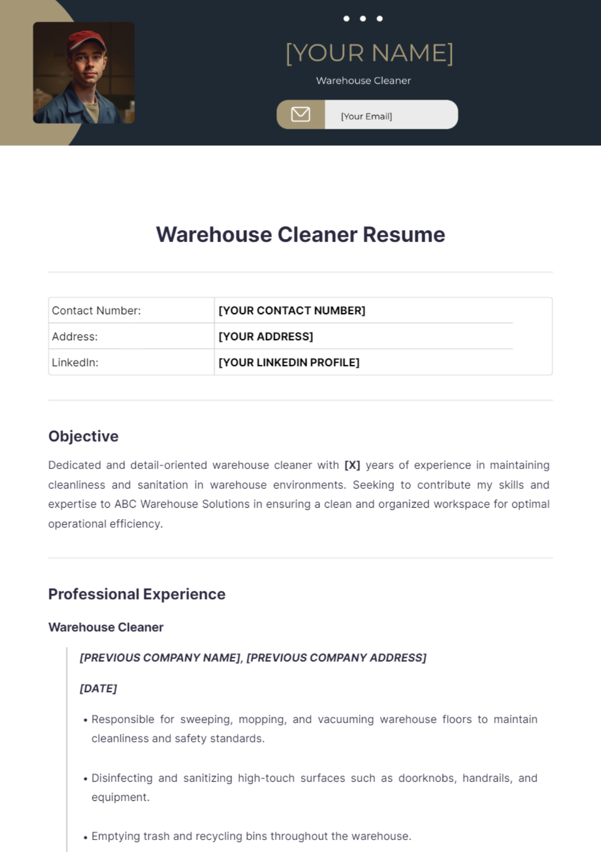 Warehouse Cleaner Resume - Edit Online & Download Example | Template.net