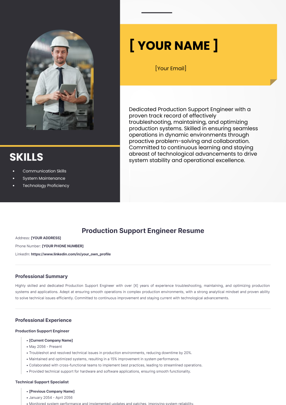 Free Production Support Engineer Resume Template To Edit Online