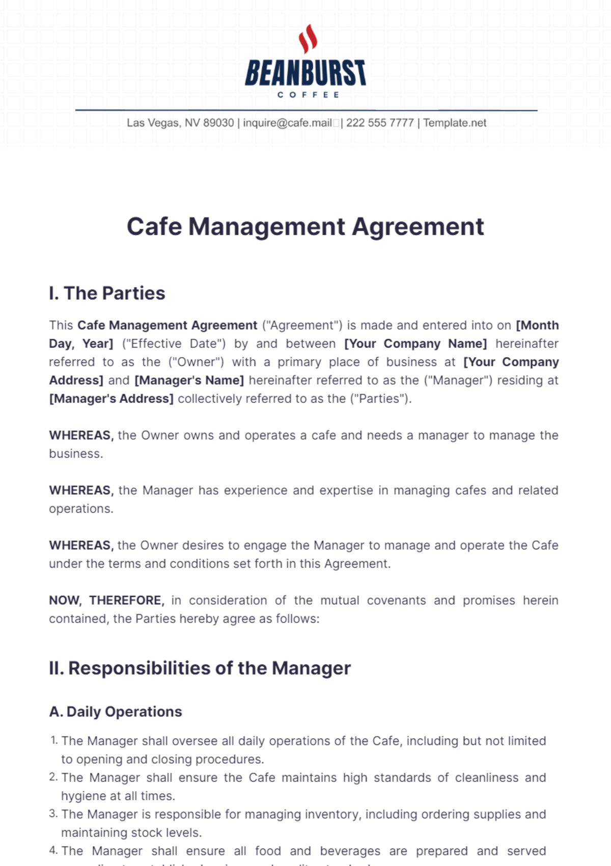 Cafe Management Agreement Template - Edit Online & Download Example ...
