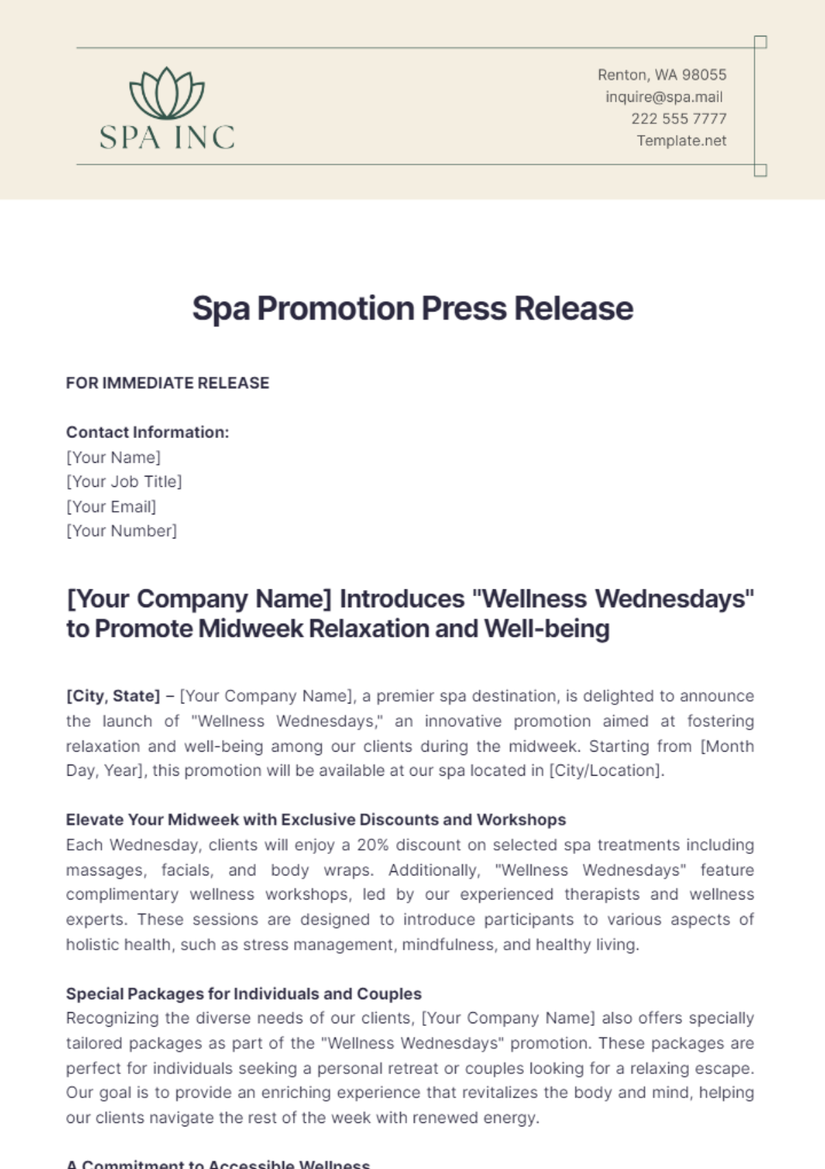Spa Promotion Press Release Template - Edit Online & Download Example ...