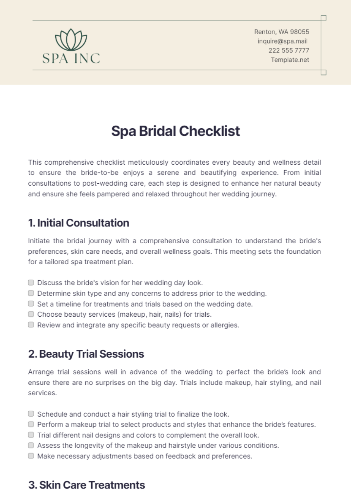 Spa Bridal Checklist Templates - Edit Online & Download Example ...