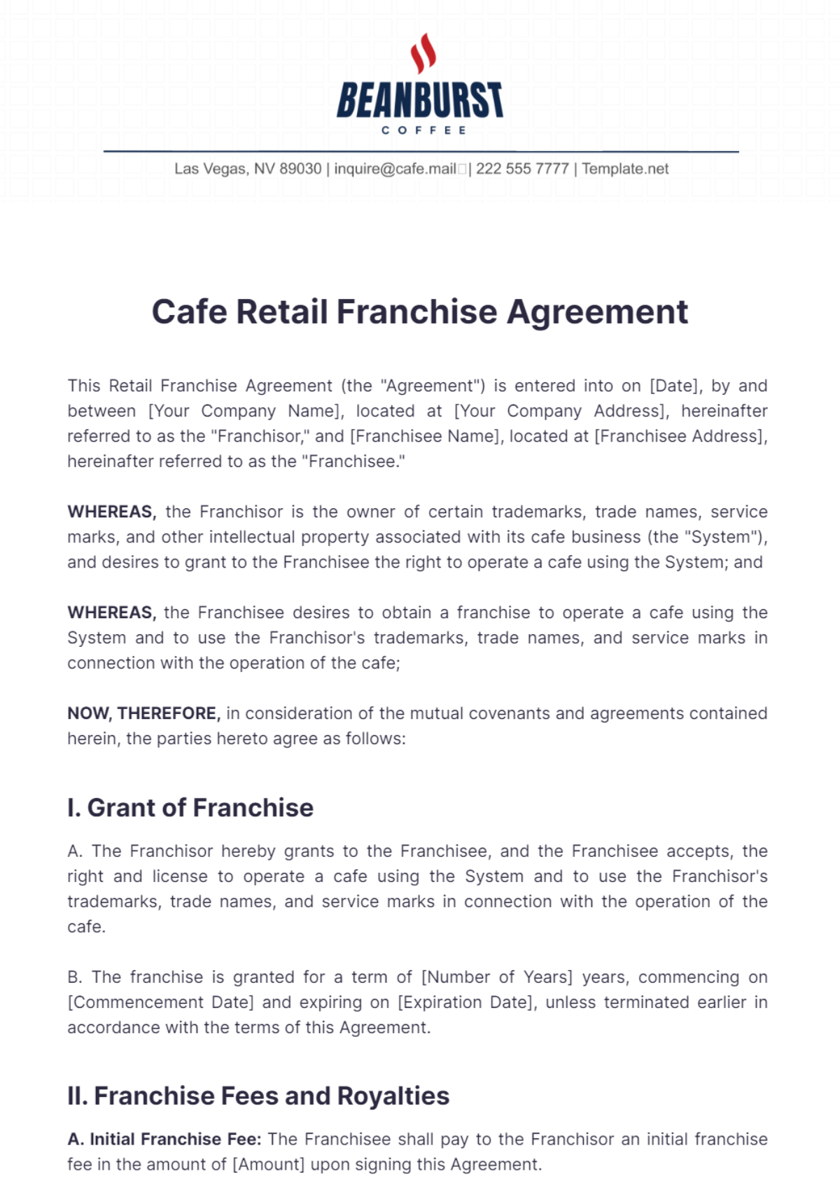 Cafe Retail Franchise Agreement Template - Edit Online & Download ...