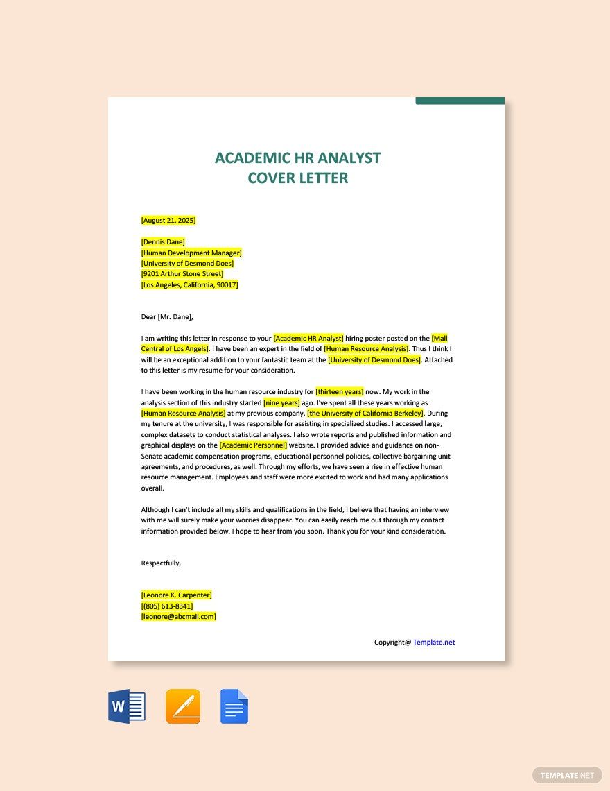 Academic HR Analyst Cover Letter Download In Word Google Docs PDF 