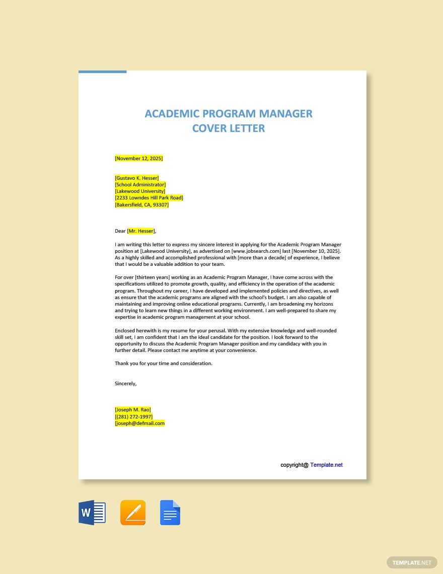 Free Education Program Manager Cover Letter Template - Google Docs ...