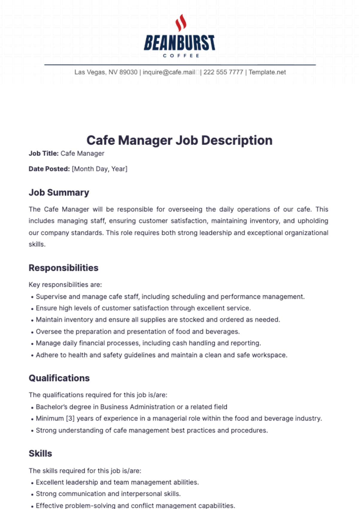 Free Cafe Manager Job Description Template To Edit Online Free Cafe Manager Job Description Template To Edit Online
