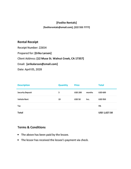 Simple Car Rental Receipt Template - Google Docs, Google Sheets, Excel ...
