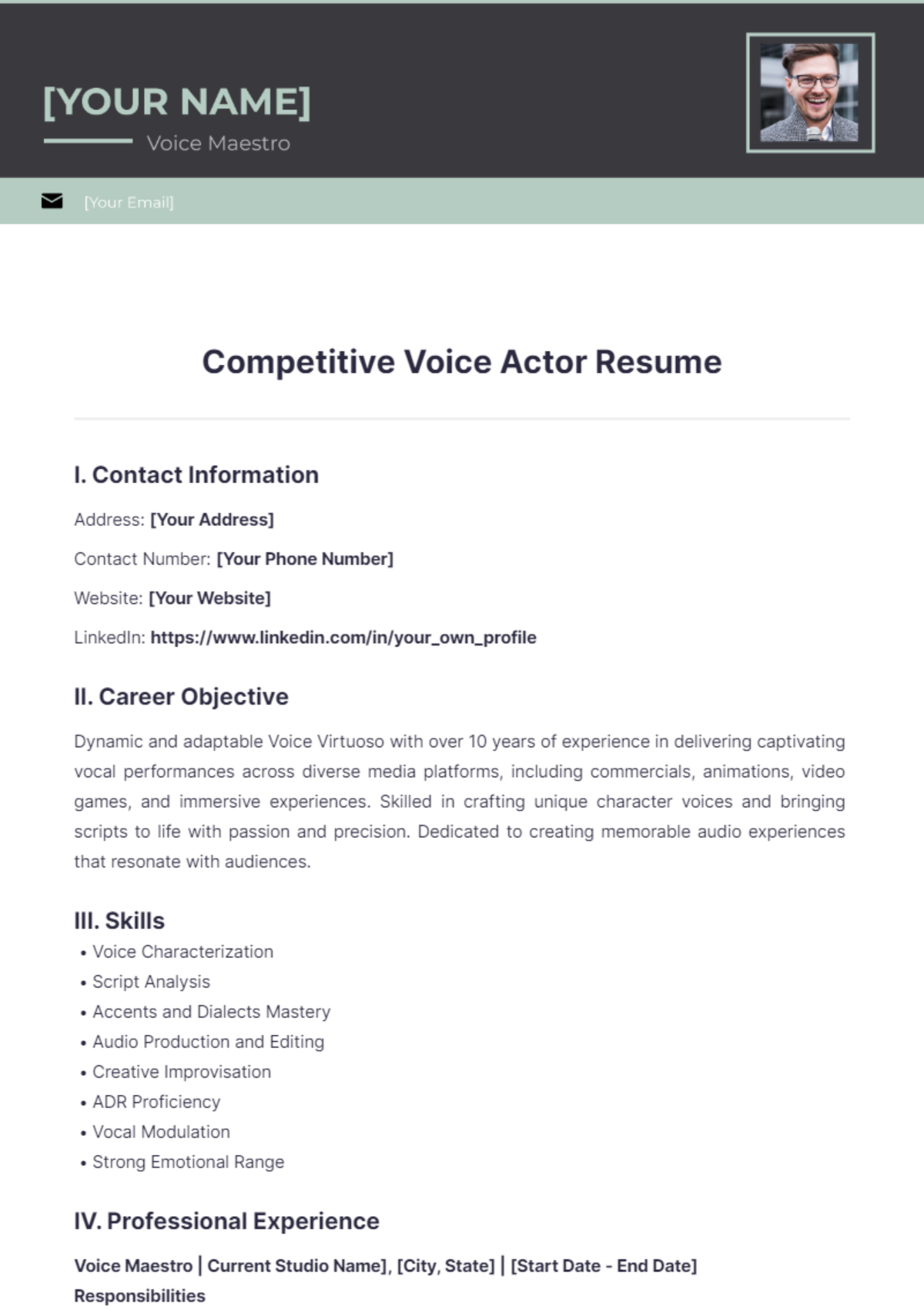 Free Competitive Voice Actor Resume Template To Edit Online