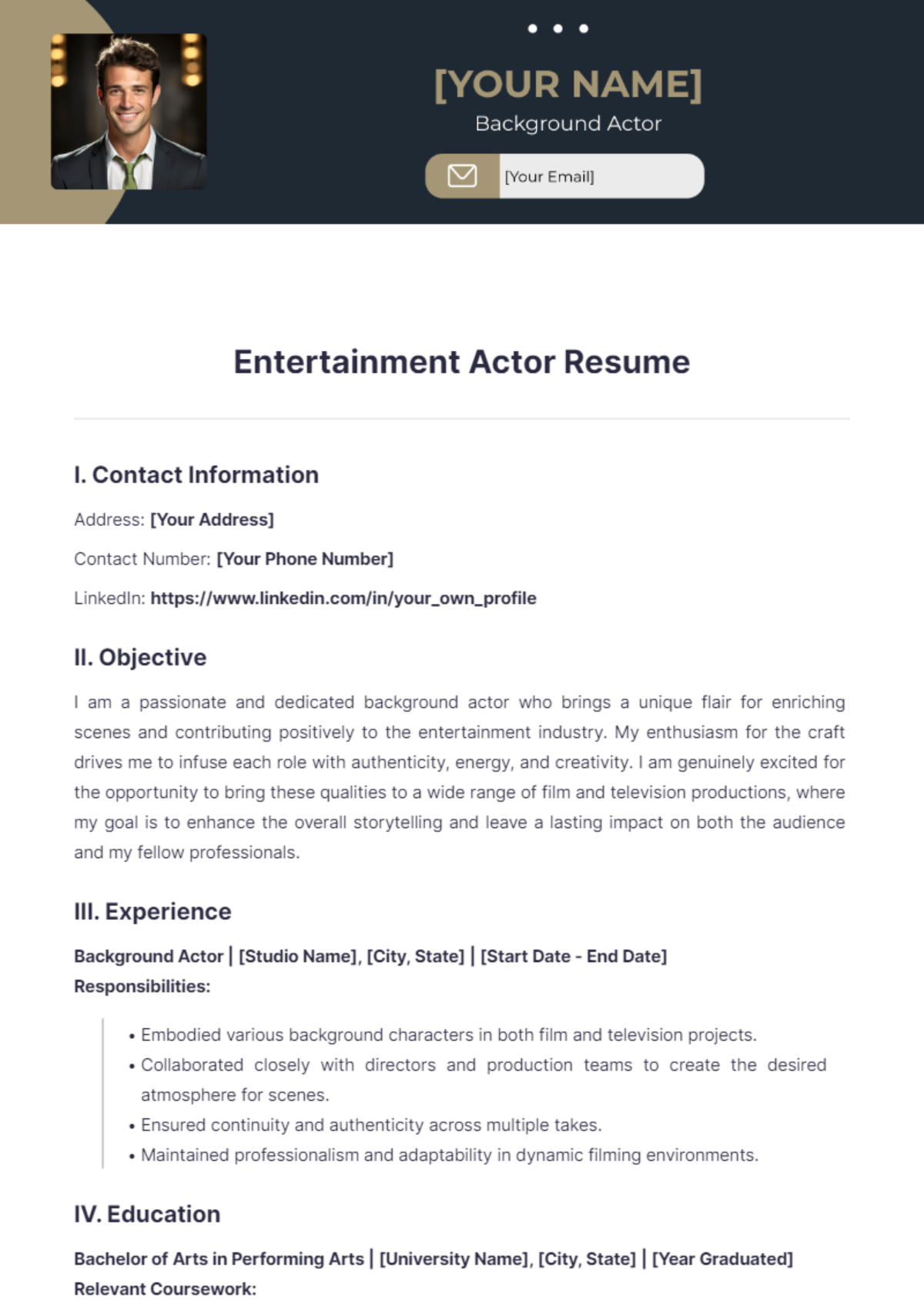 Free Entertainment Actor Resume Template To Edit Online