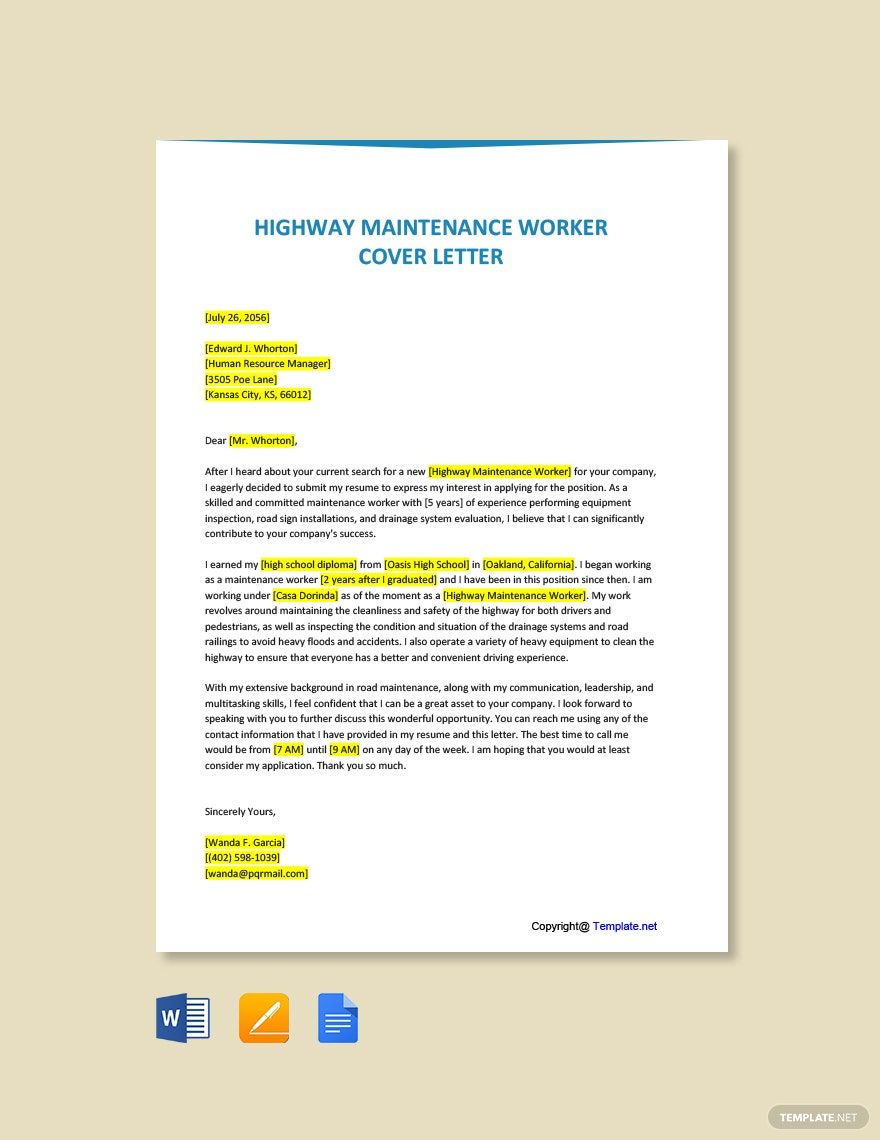 Highway Maintenance Worker Cover Letter In Google Docs Word Pages