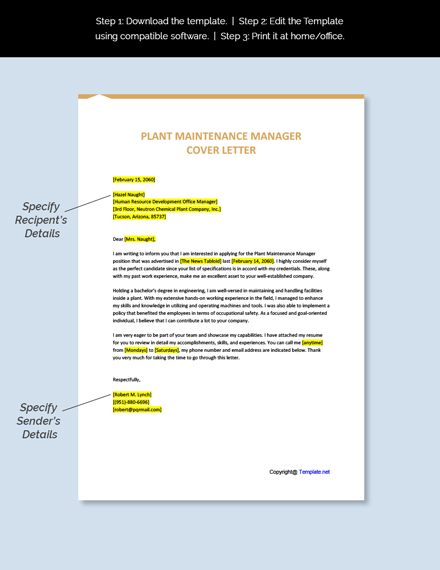 Plant Maintenance Manager Cover Letter Template - Google Docs, Word ...