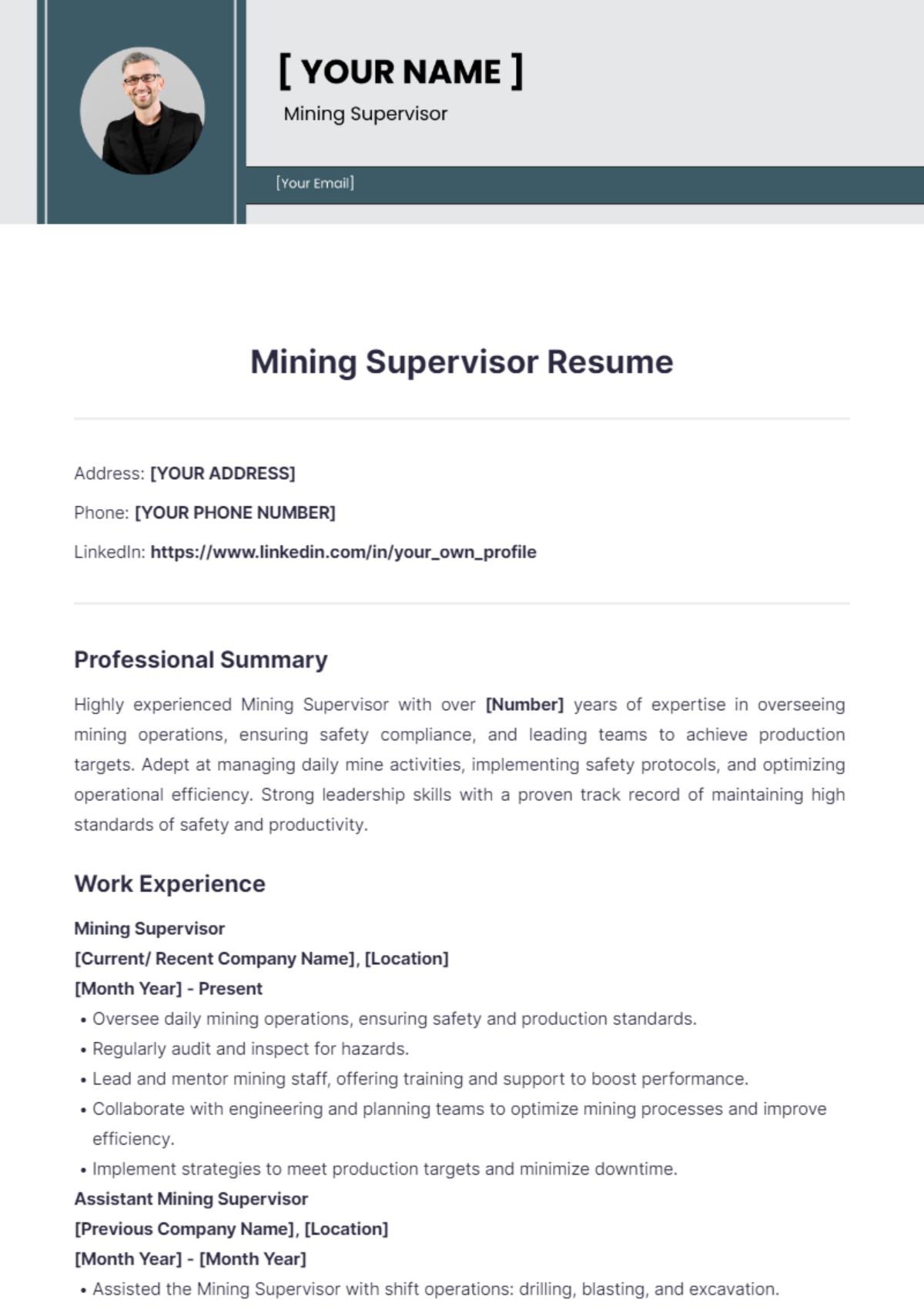 Mining Supervisor Resume - Edit Online & Download Example | Template.net