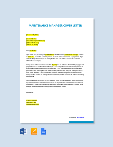 Maintenance Manager Cover Letter Template Free PDF Word Apple Pages Google Docs