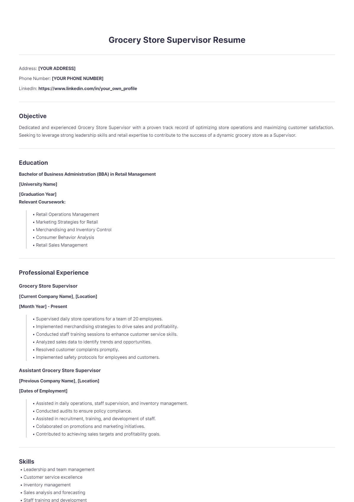Grocery Store Supervisor Resume Templates - Edit Online & Download ...