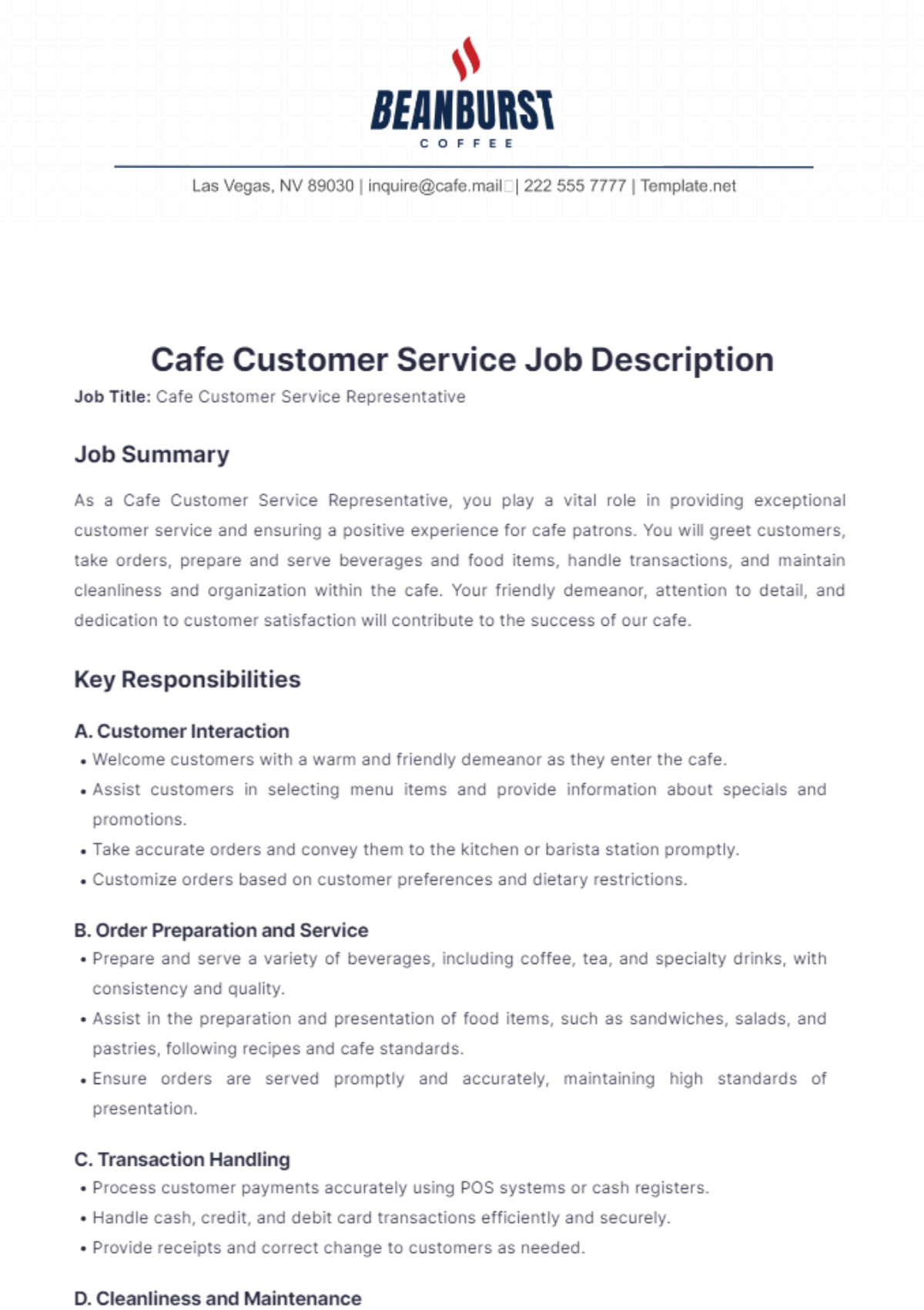 Free Cafe Customer Service Job Description Template To Edit Online