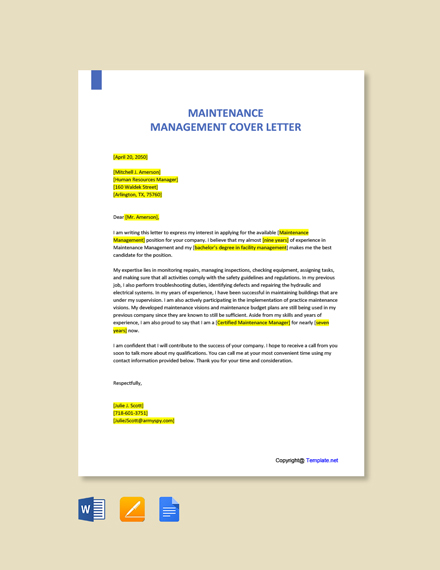 FREE Maintenance Director Cover Letter - Word | Google Doc | Apple (MAC ...