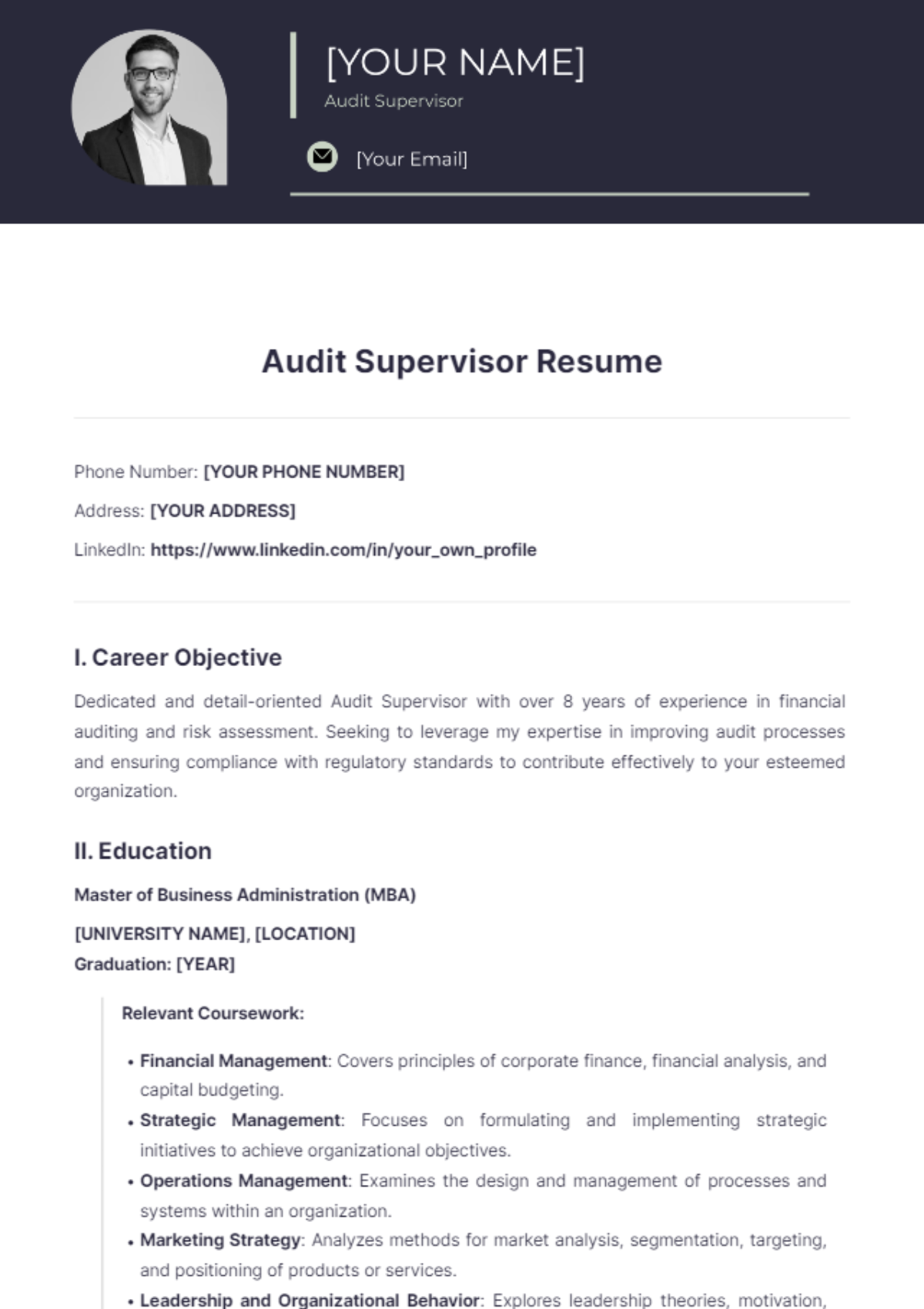 Audit Supervisor Resume - Edit Online & Download Example | Template.net