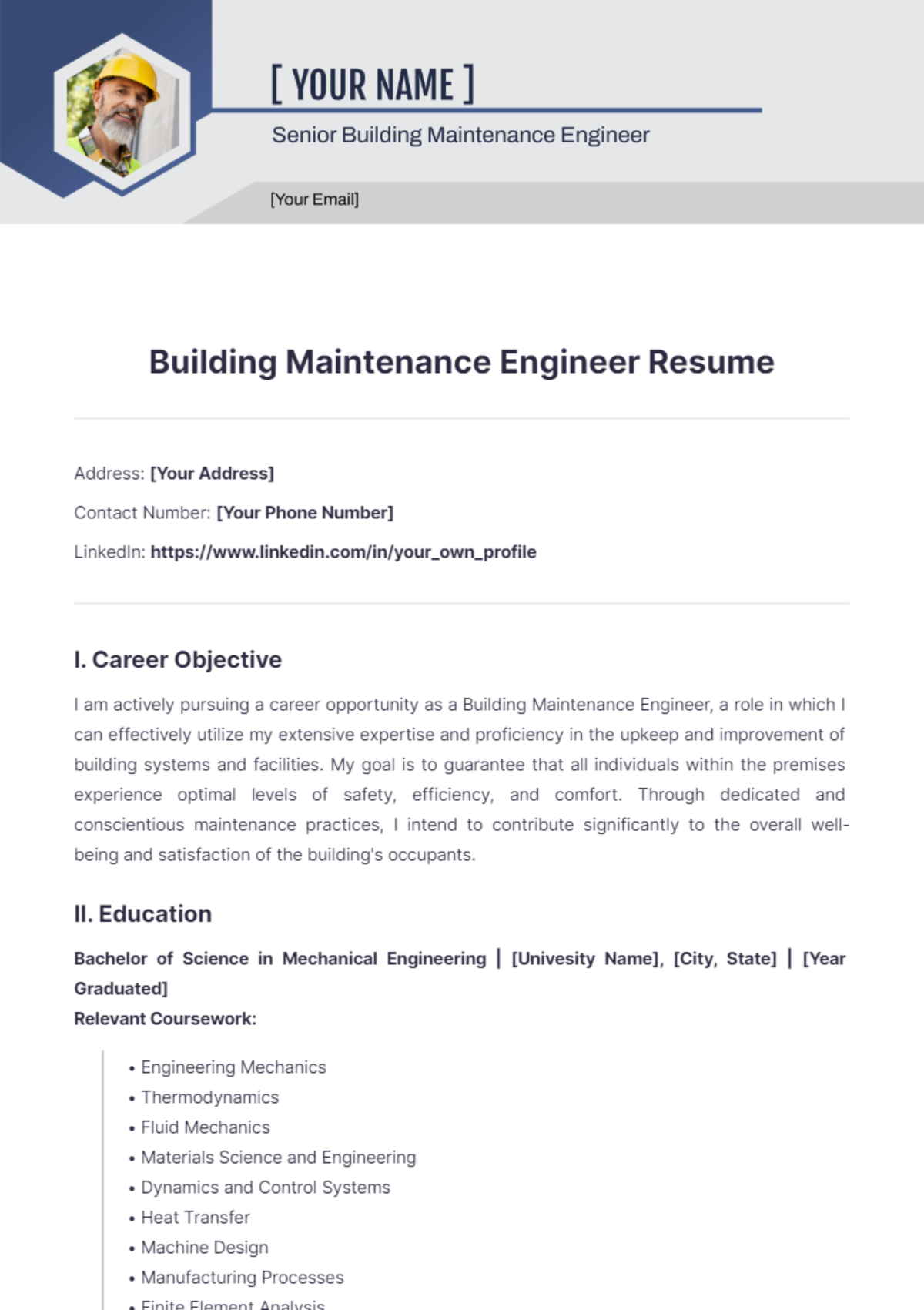 Free Building Maintenance Engineer Resume Template To Edit Online