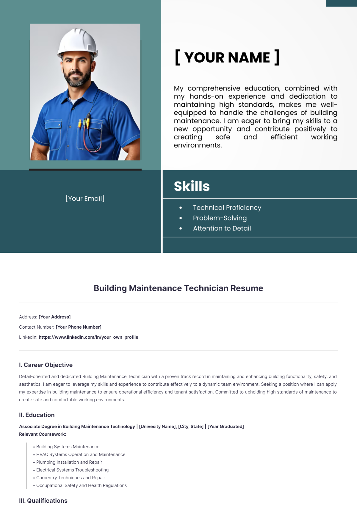 Free Building Maintenance Technician Resume Template To Edit Online Free Building Maintenance Technician Resume Template To Edit Online
