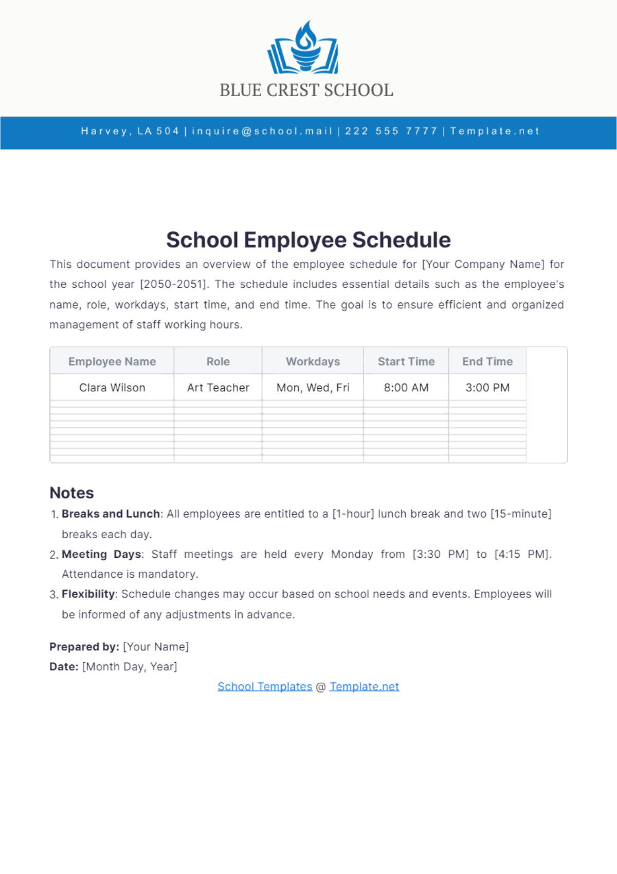 School Employee Schedule Templates - Edit Online & Download Example ...