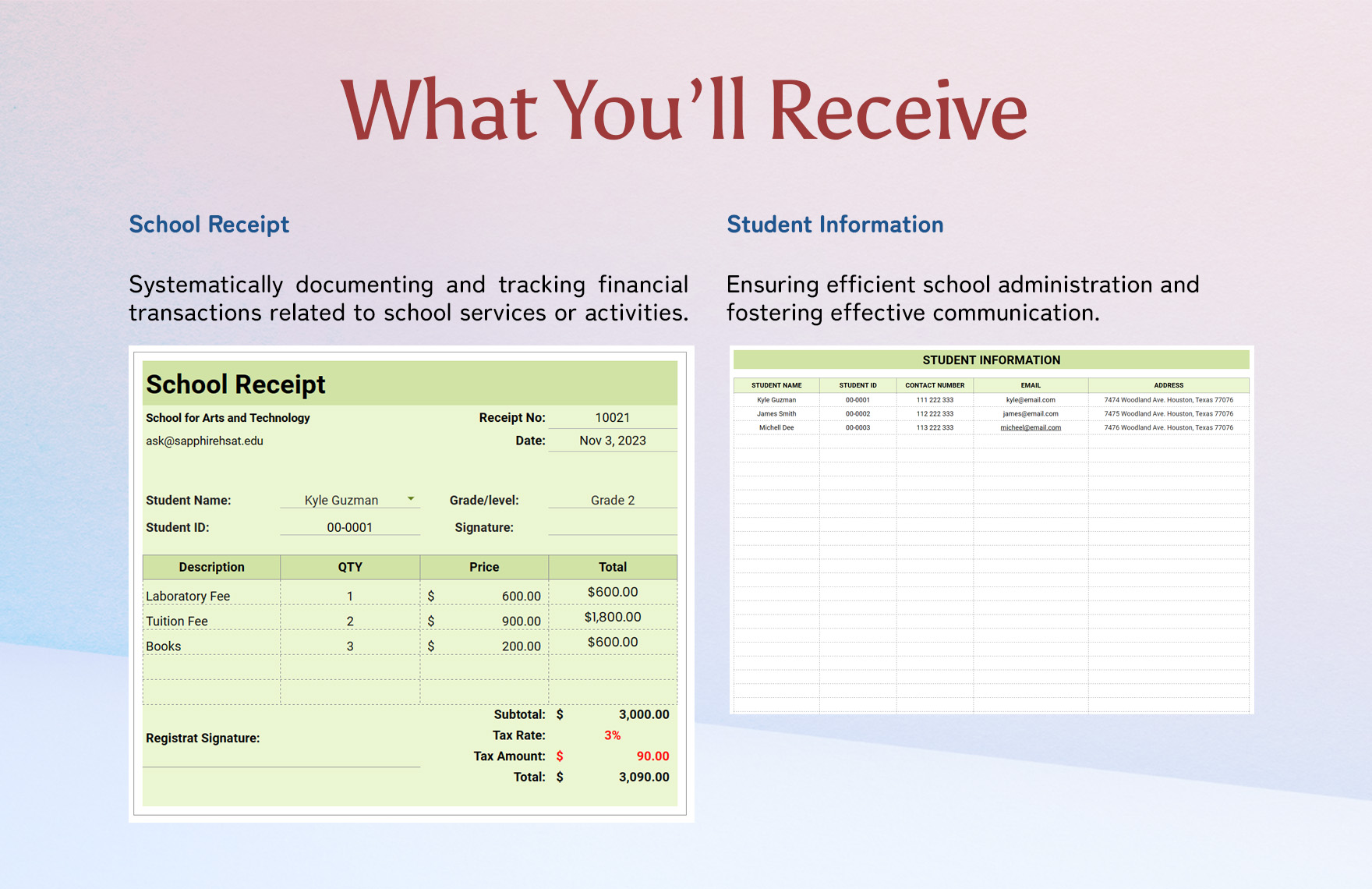 School Receipt Template in GDocsLink, MS Word, Portable Documents ...