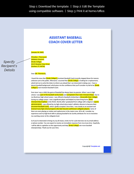 Assistant Baseball Coach Cover Letter Template - Google Docs, Word ...