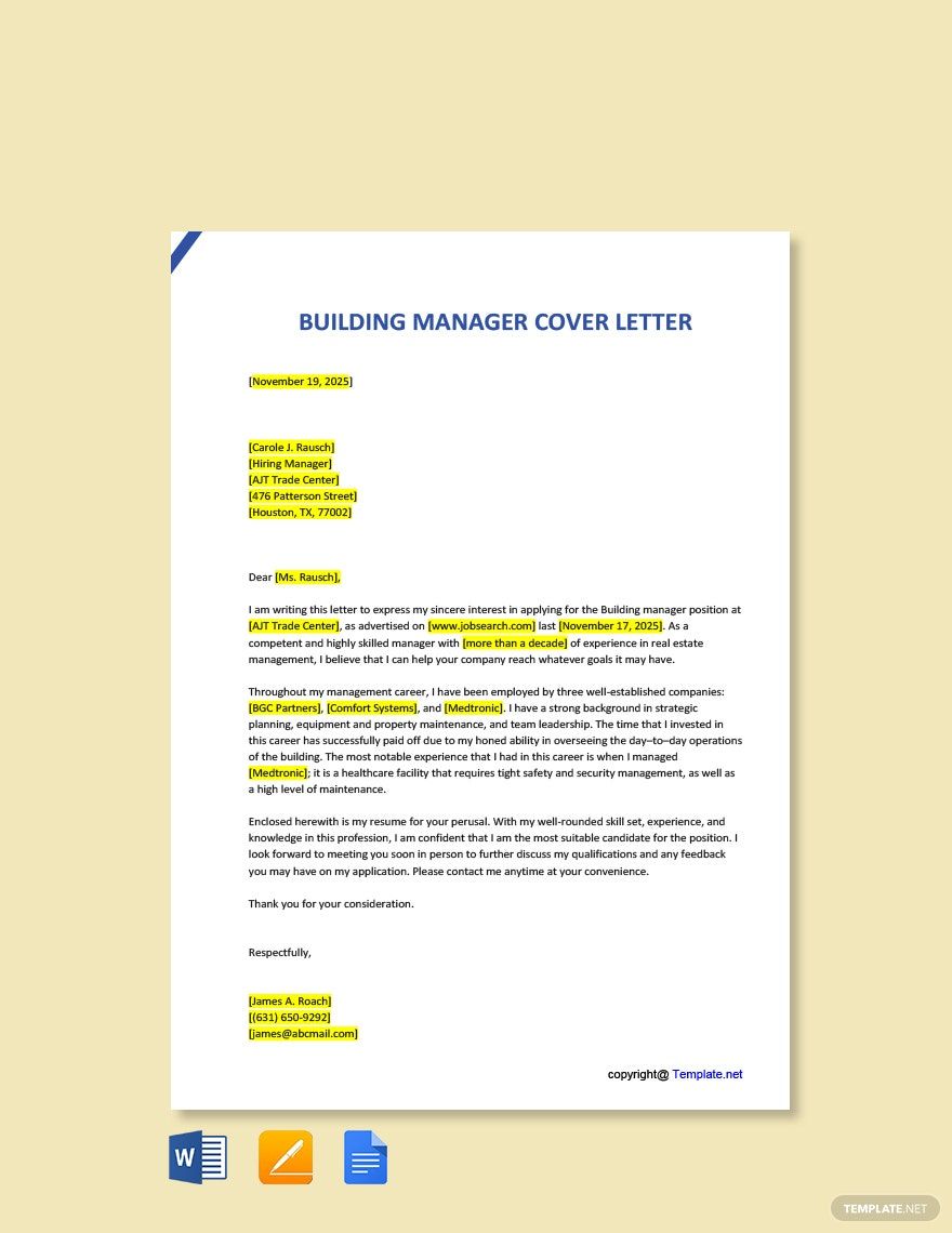 Free Building Maintenance Supervisor Cover Letter Template - Google Docs, Word | Template.net