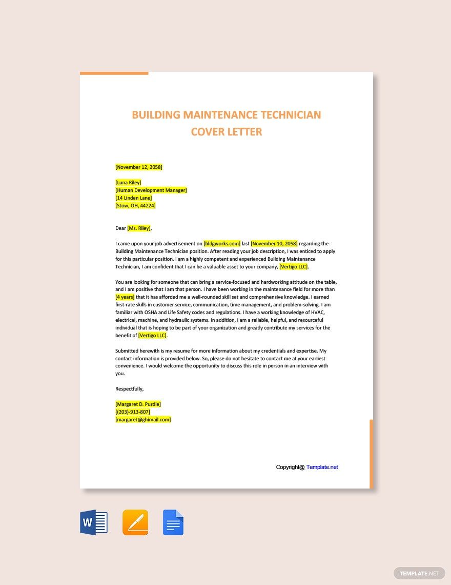 Building Maintenance Technician Cover Letter In Word Pages PDF