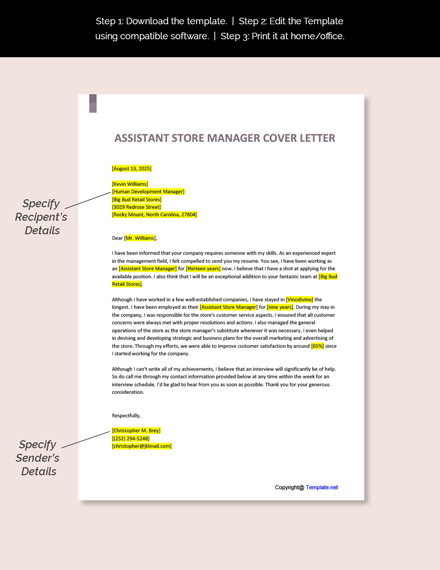 Free Assistant Store Manager Cover Letter Template Google Docs Word 