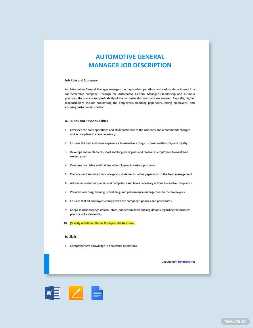 Automotive General Manager Job Ad And Description Template Google 