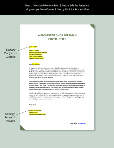 Free Automotive Shop Foreman Cover Letter Template - Google Docs, Word ...