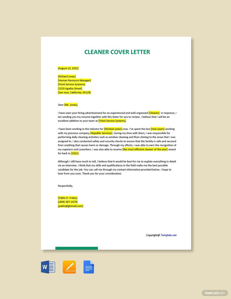 FREE Cleaner Cover Letter Template Download In Word Google Docs PDF 