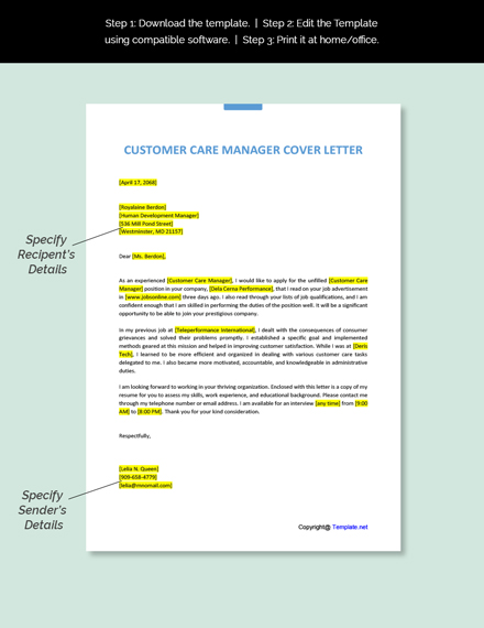 Free Customer Care Manager Cover Letter Template - Google Docs, Word ...
