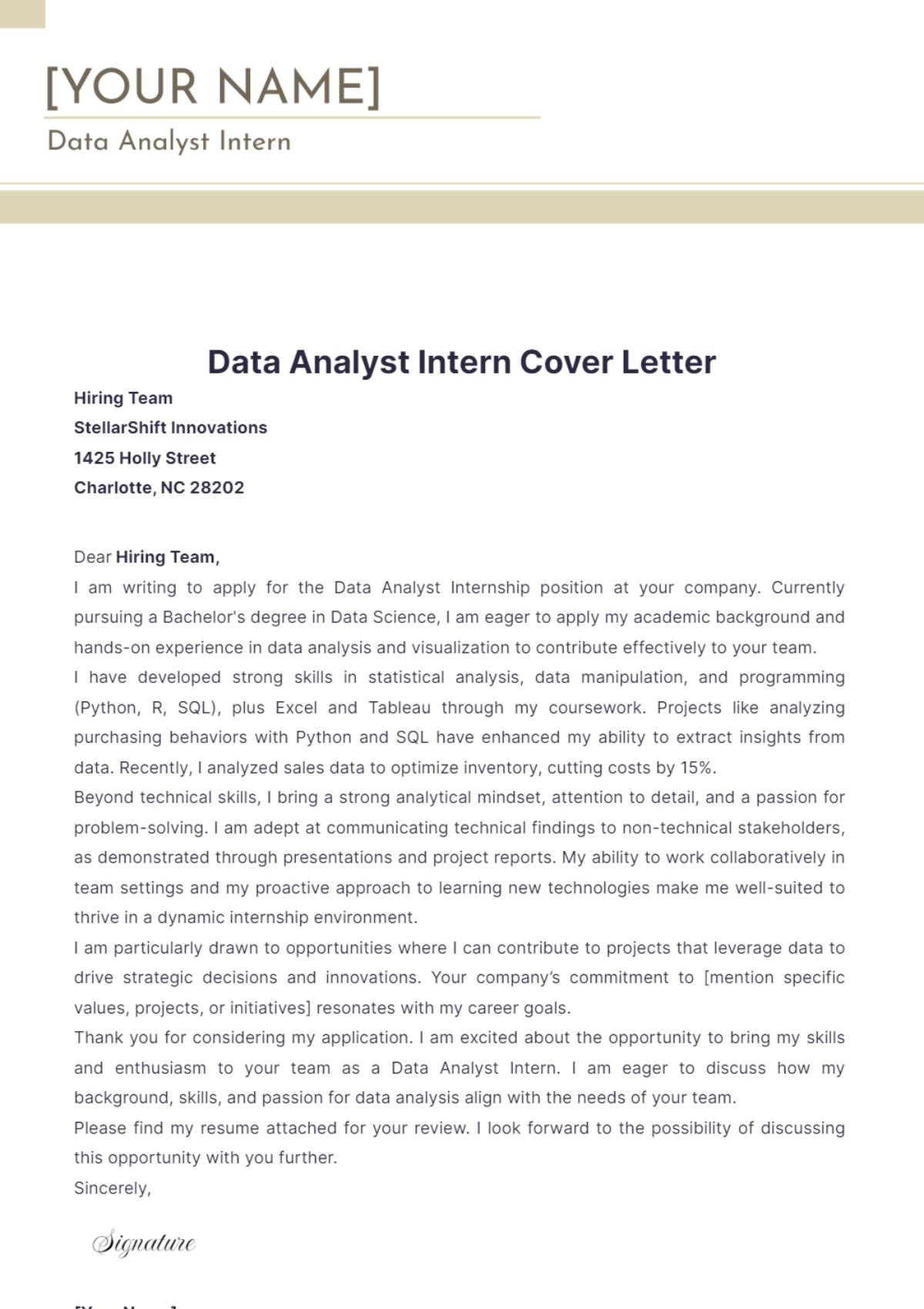 Free Data Analyst Intern Cover Letter Template To Edit Online
