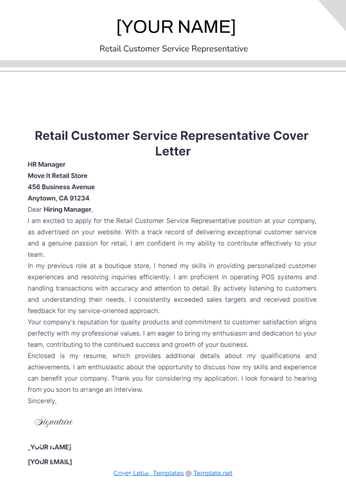 Free Retail Customer Service Representative Cover Letter Template To