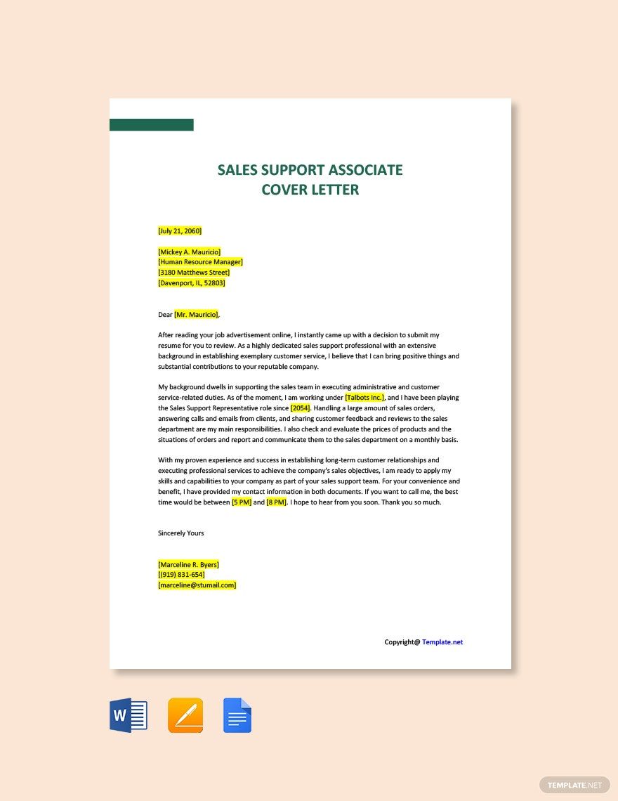 Free Sales Support Analyst Cover Letter Template - Google Docs, Word ...