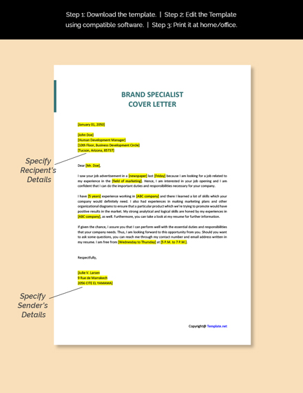 Free Brand Specialist Cover Letter Template - Google Docs, Word ...