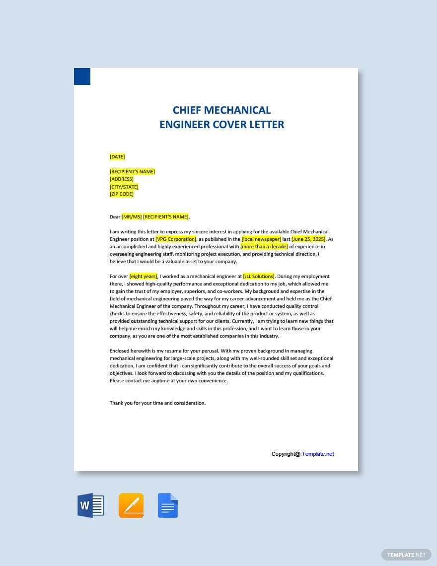 Chief Mechanical Engineer Cover Letter Template Google Docs Word 