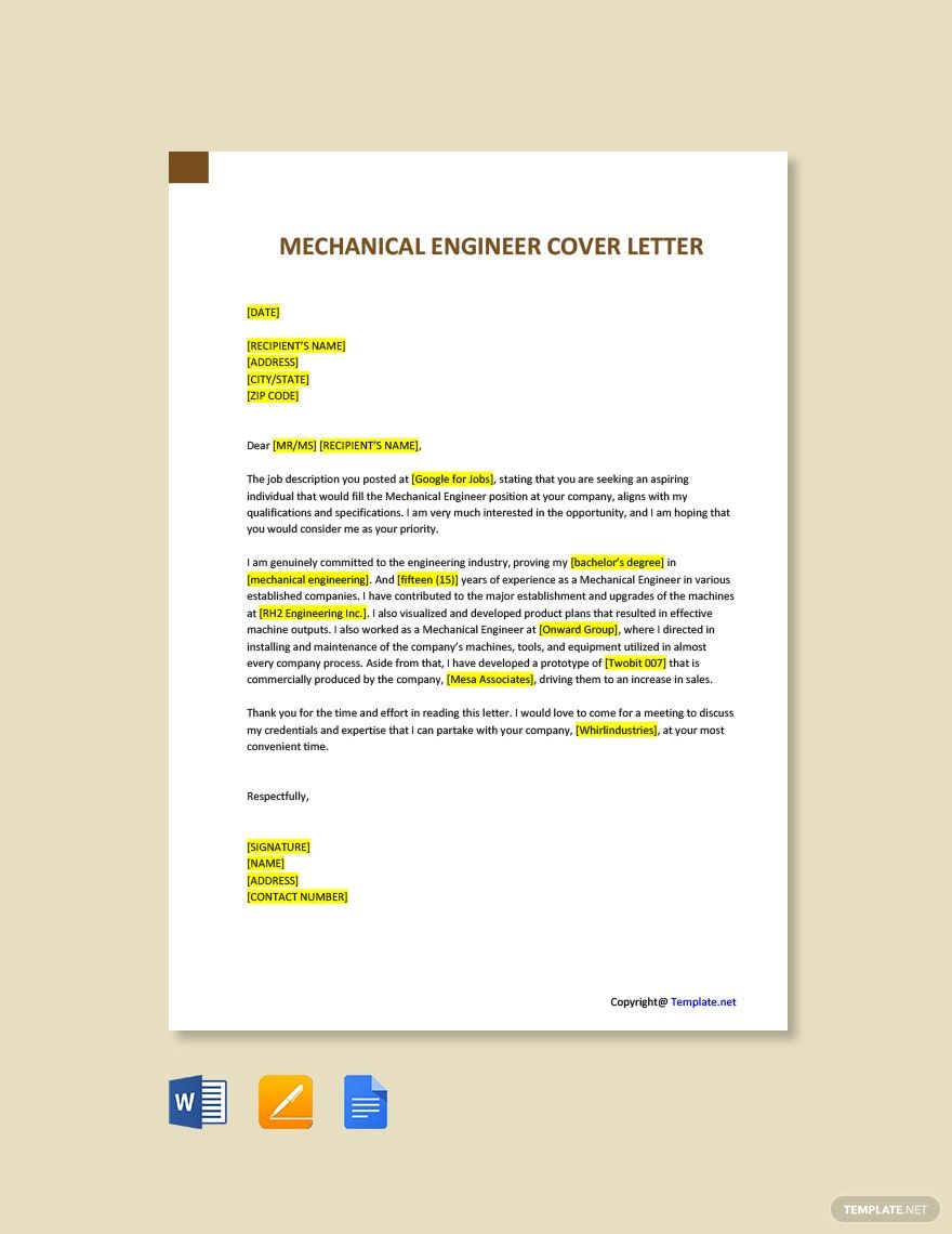 Free Sample Mechanical Engineer Cover Letter Template Download In 