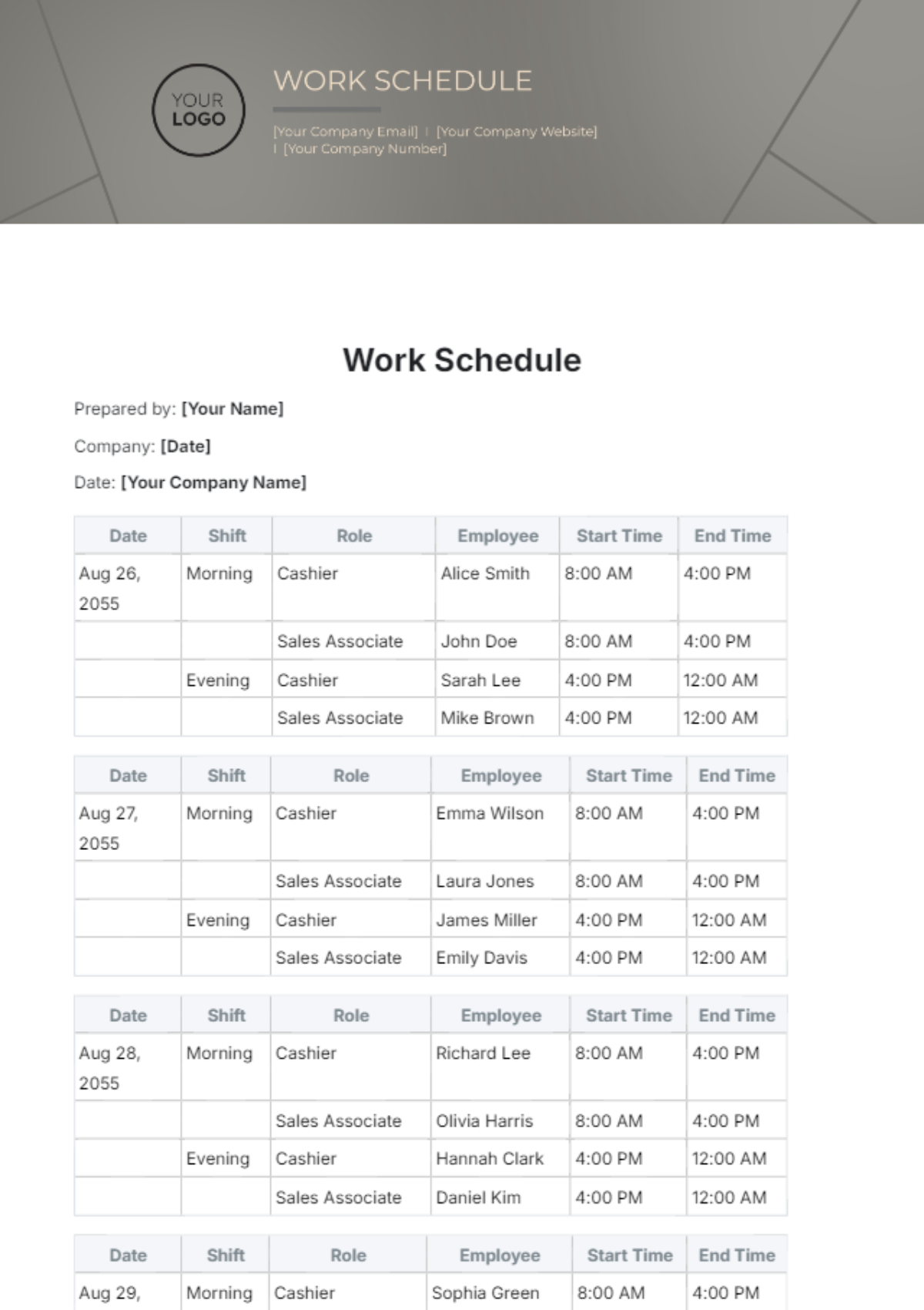 Work Schedule Template - Edit Online & Download Example | Template.net