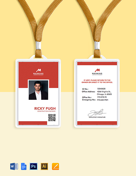 Free Simple Construction ID Card Template - Illustrator, InDesign, Word ...