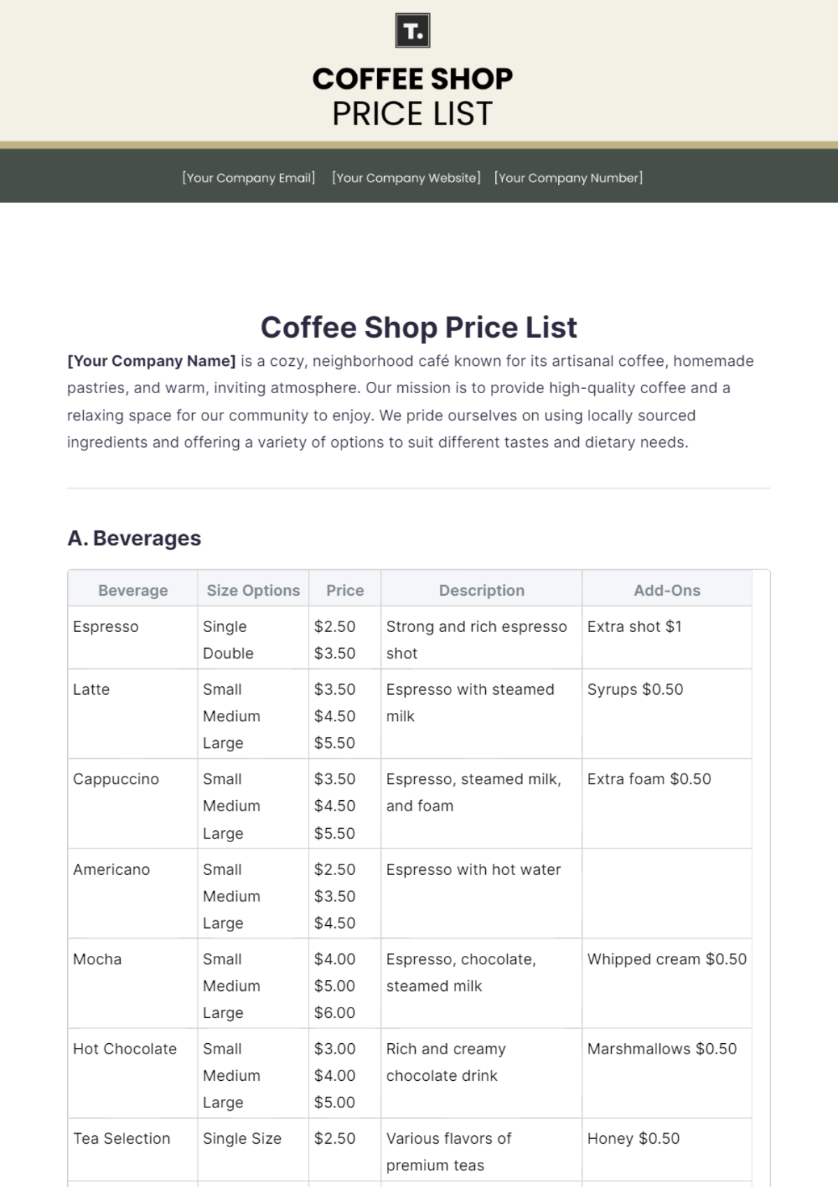 Free Bar Price List Template To Edit Online