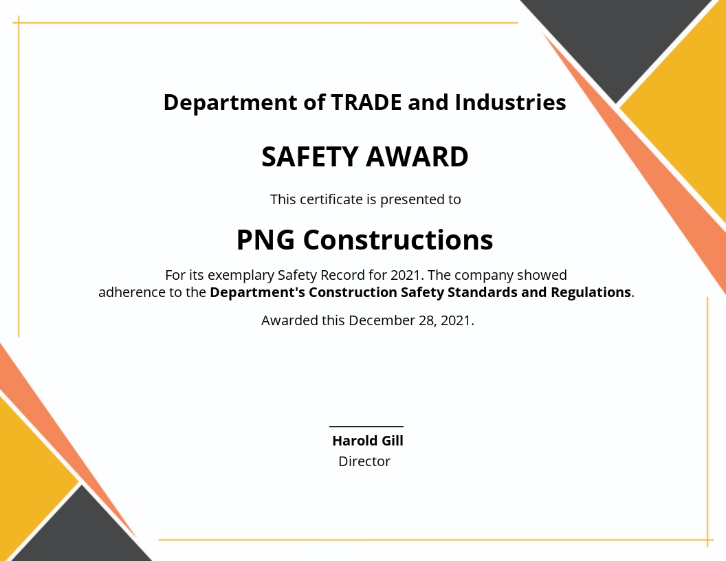 Safety Recognition Certificate Template