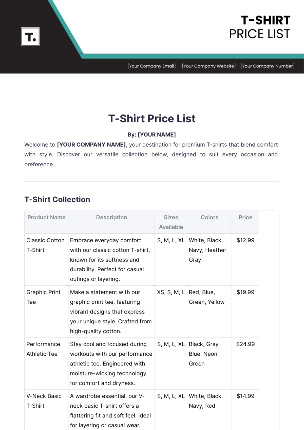 Free T Shirt Price List Template To Edit Online