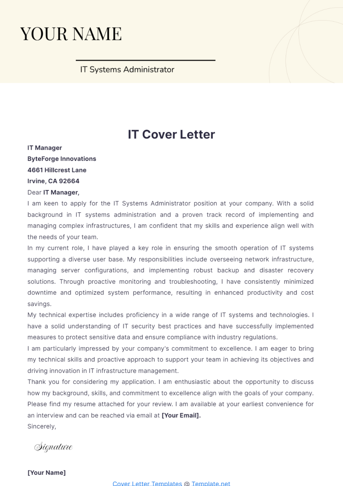 IT Cover Letter - Edit Online & Download Example | Template.net